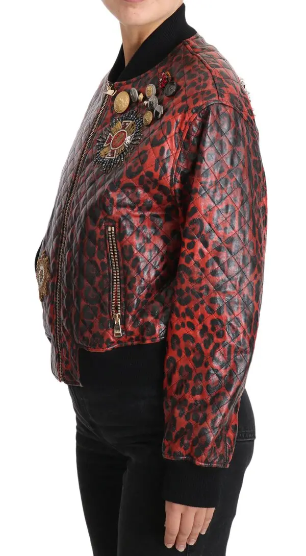 Dolce & Gabbana Leopard Print Crystal Embellished Leather Jacket