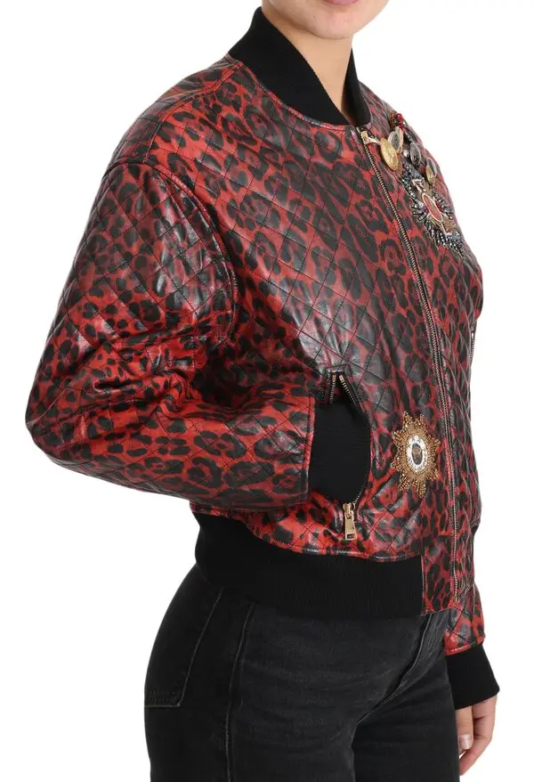 Dolce & Gabbana Leopard Print Crystal Embellished Leather Jacket