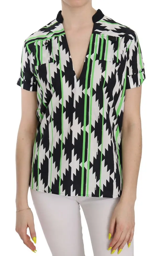 Costume National Multi-color Geometric Print Plunge Neck Blouse