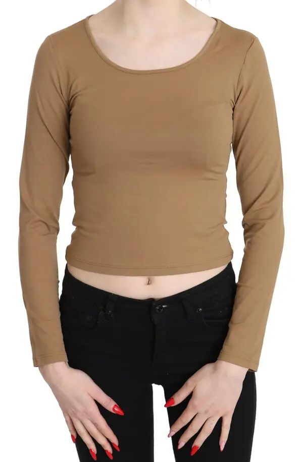 GF FERRE Round Neck Long Sleeve Slim Crop Top Blouse