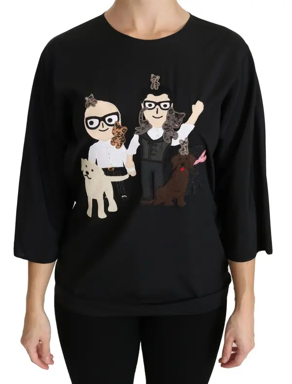 Dolce & Gabbana Silk Crew Neck Short Sleeve Top With Multicolor Embroidery - Black