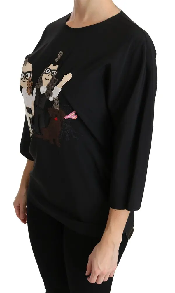 Dolce & Gabbana Silk Crew Neck Short Sleeve Top With Multicolor Embroidery - Black
