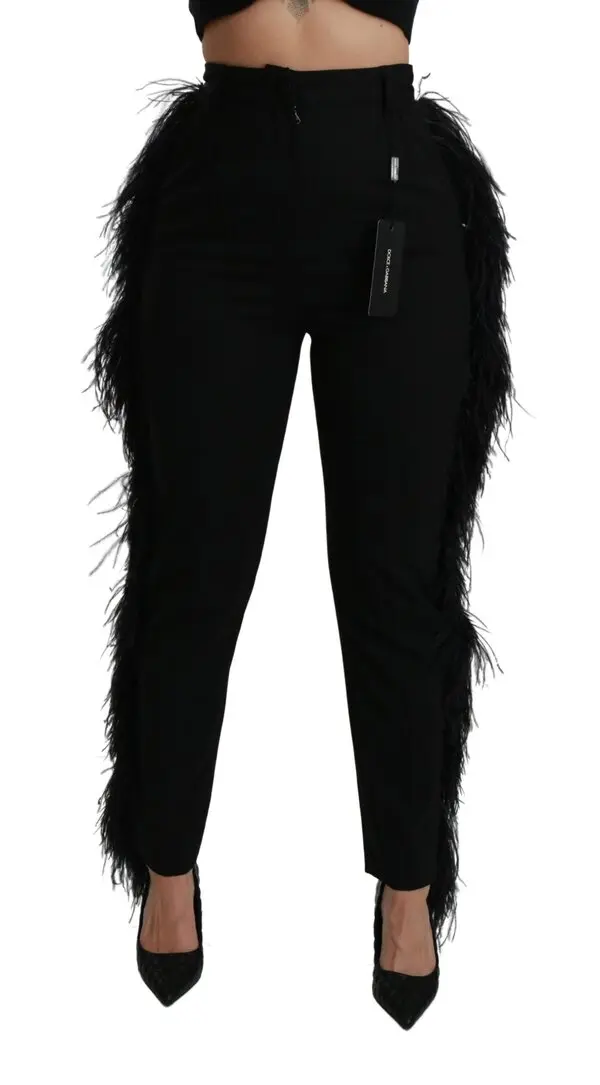 Dolce & Gabbana Feather Straight High Waist Wool Pants