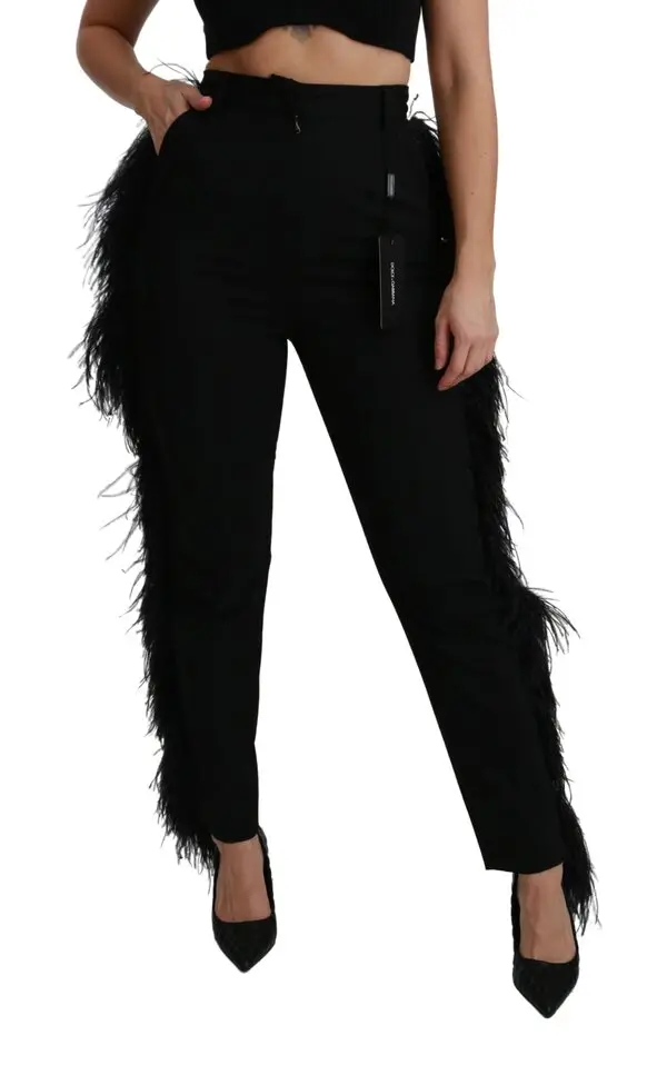 Dolce & Gabbana Feather Straight High Waist Wool Pants