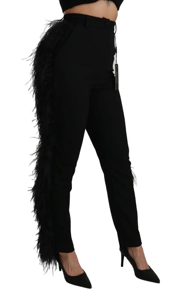 Dolce & Gabbana Feather Straight High Waist Wool Pants
