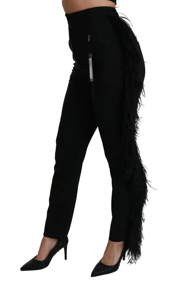 Dolce & Gabbana Feather Straight High Waist Wool Pants