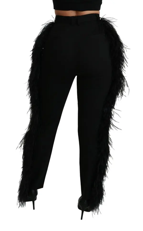 Dolce & Gabbana Feather Straight High Waist Wool Pants