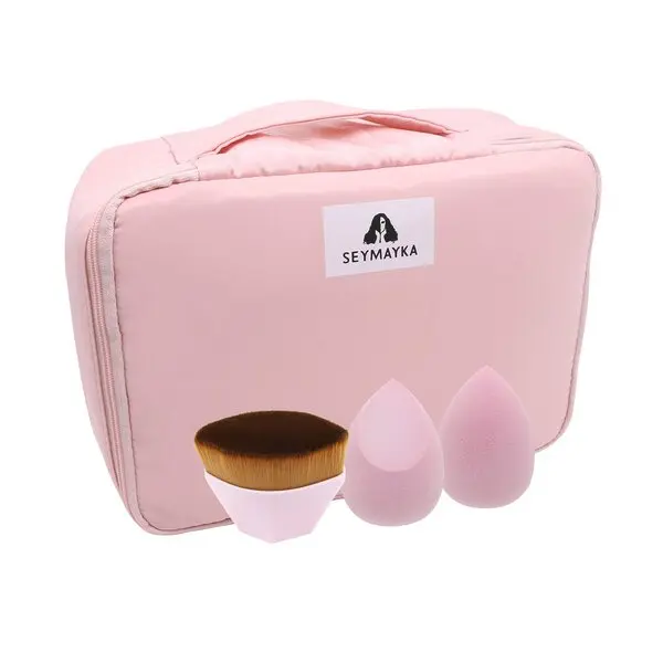 SEYMAYKA Large Makeup Bag Set Kabuki Brush & Makeup Sponge - Pink