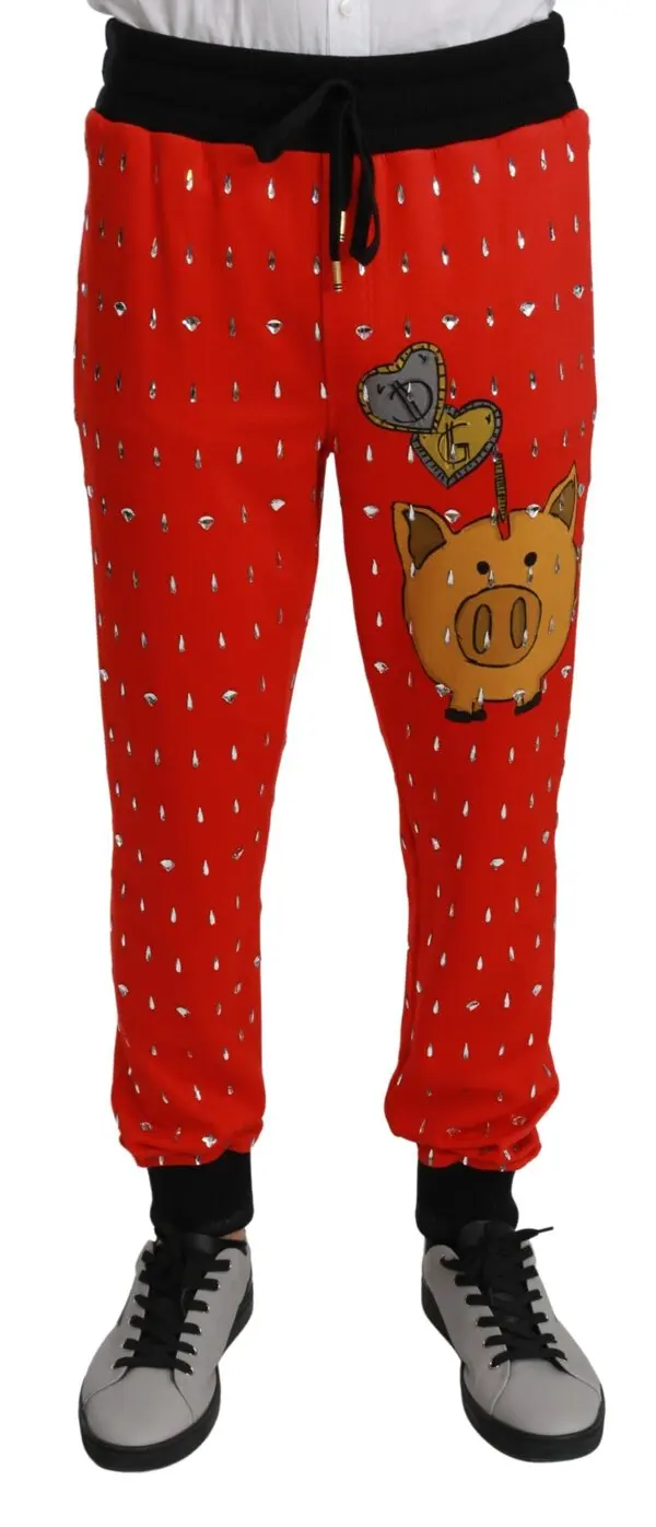 Dolce & Gabbana Piggy Bank Cotton Crystal Trousers Pants - Red