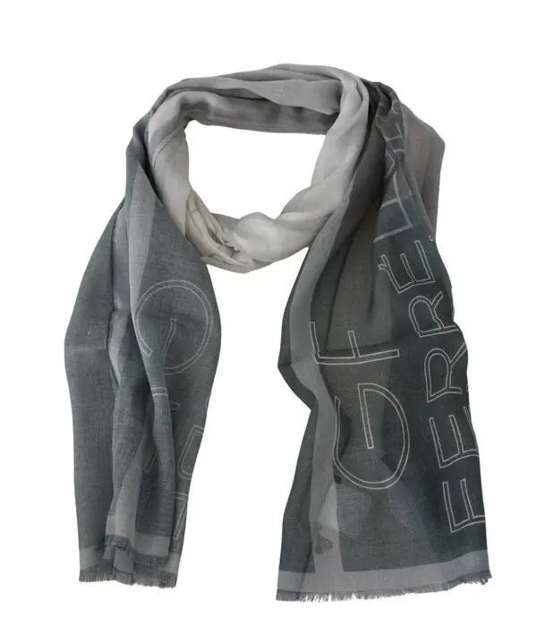 GF FERRE Gray Wool Viscose Foulard Patterned Branded Scarf