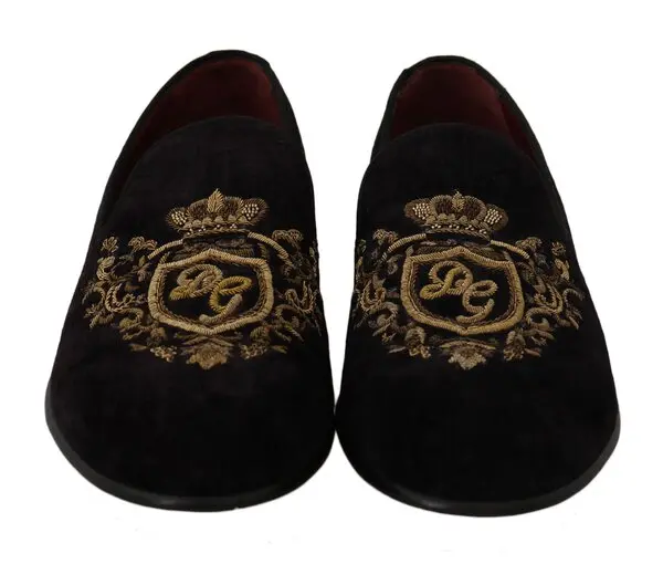 Dolce & Gabbana Velvet Loafers With Gold Crown Embroidery