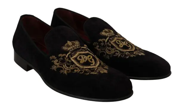 Dolce & Gabbana Velvet Loafers With Gold Crown Embroidery