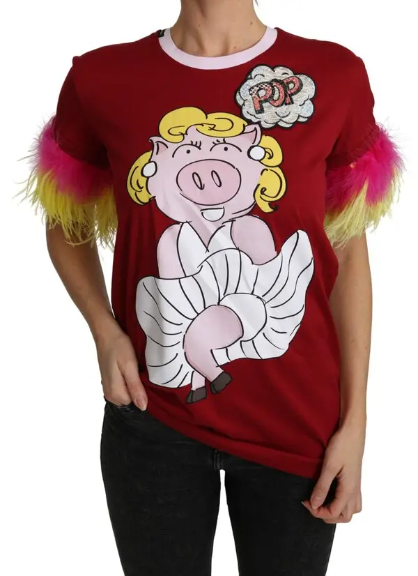 Dolce & Gabbana Pig Print Feather Sleeves T-shirt Top