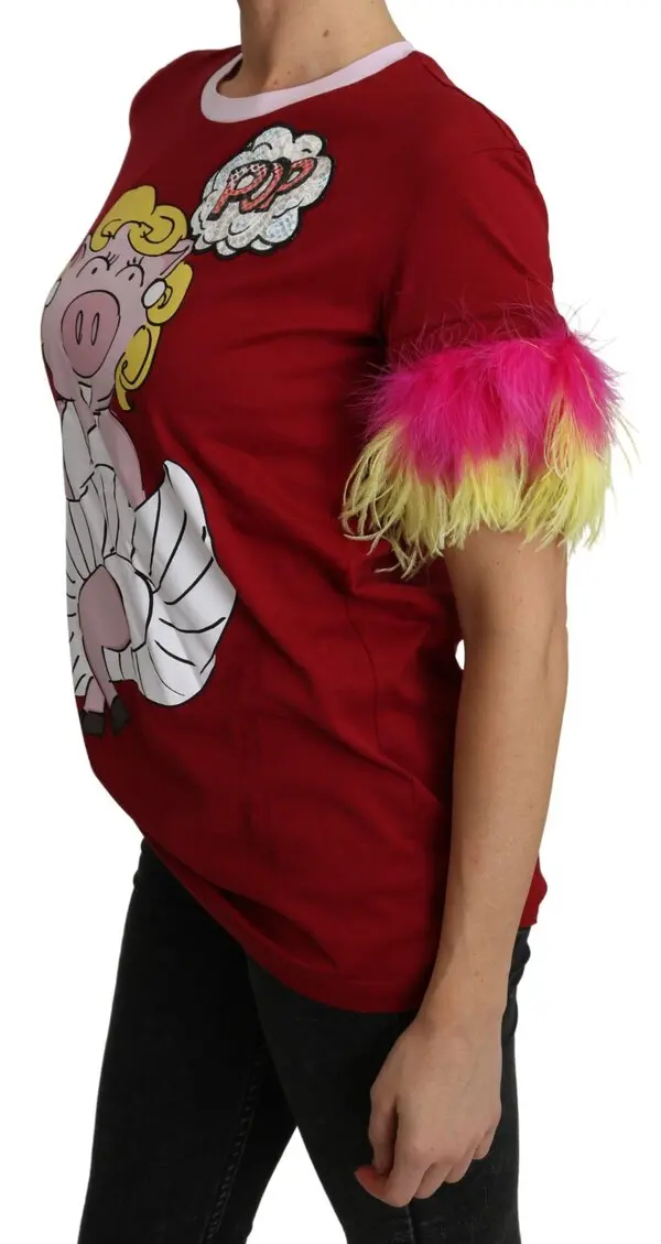 Dolce & Gabbana Pig Print Feather Sleeves T-shirt Top