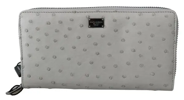 Dolce & Gabbana White Ostrich Leather Continental Clutch Wallet - Gray