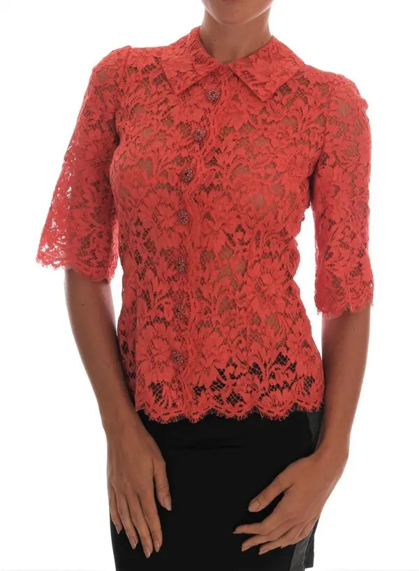 Dolce & Gabbana Floral Lace Crystal Button Blouse - Orange