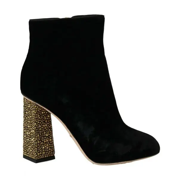 Dolce & Gabbana Velvet Crystal Square Heel Boots