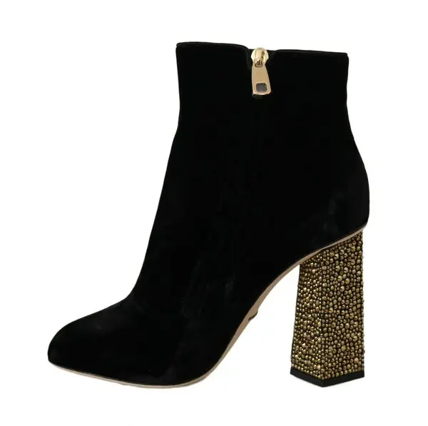 Dolce & Gabbana Velvet Crystal Square Heel Boots