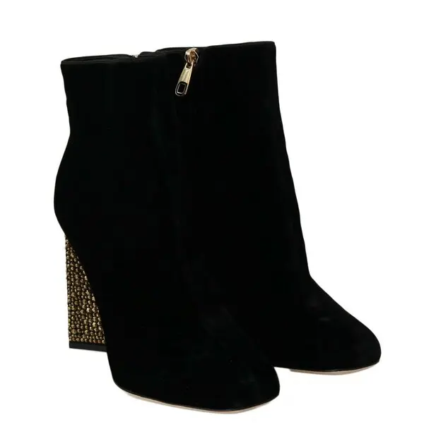 Dolce & Gabbana Velvet Crystal Square Heel Boots
