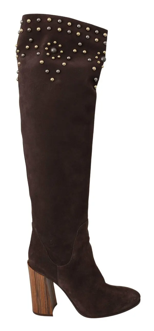 Dolce & Gabbana Suede Studded Knee High Shoes Boots - Brown