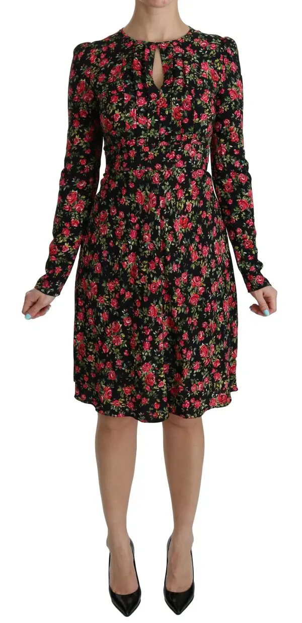 Dolce & Gabbana Floral Print Long Sleeve Knee Length Dress - Black