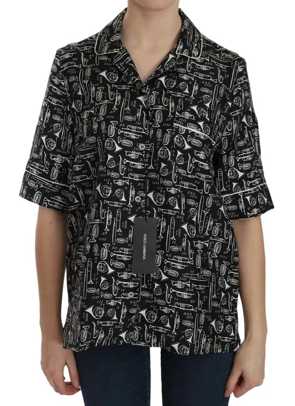 Dolce & Gabbana Musical Instrument Print Silk Top - Black