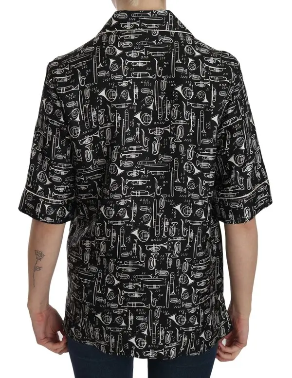 Dolce & Gabbana Musical Instrument Print Silk Top - Black
