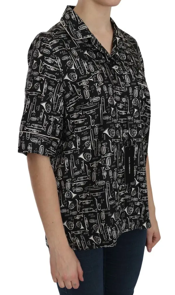 Dolce & Gabbana Musical Instrument Print Silk Top - Black