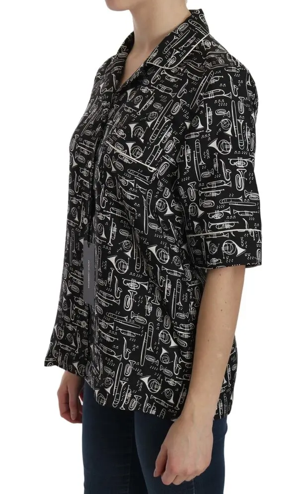 Dolce & Gabbana Musical Instrument Print Silk Top - Black
