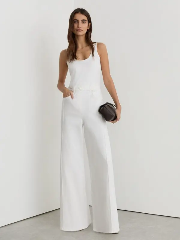 REISS Wide-leg Racer-back Denim Jumpsuit - Cream