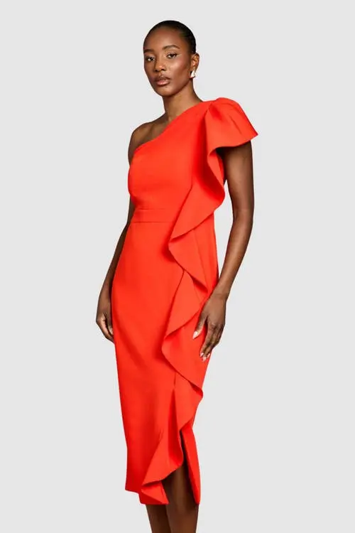 Coast One Shoulder Pencil Midi Dress - Flame Red