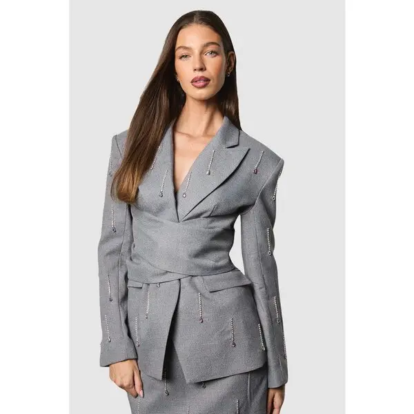 Coast Muse Check Tie Front Embellished Blazer - Grey