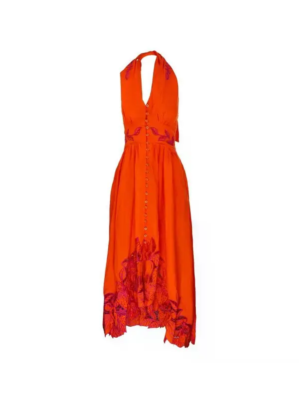 Farm Rio Embroidered Halterneck Dress - Orange