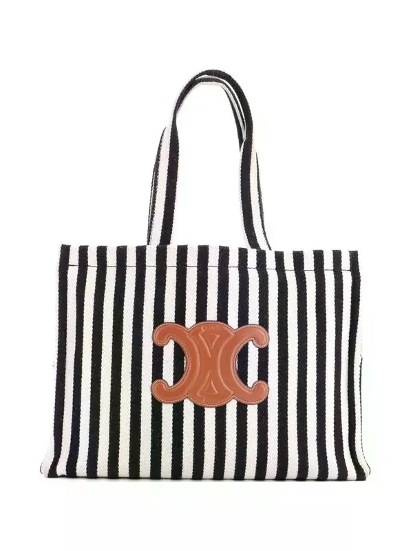 Celine Cabas Thais Triomphe Striped Canvas Large Tote Bag - Black