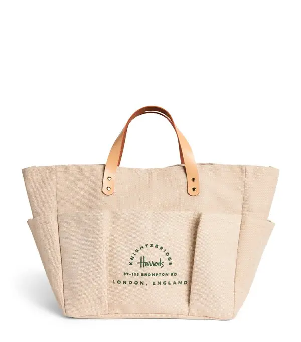 Harrods Jute Tote Bag With Exterior Pockets