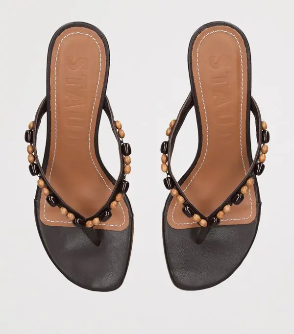 Staud Leather Beaded Kitten Heel Sandals