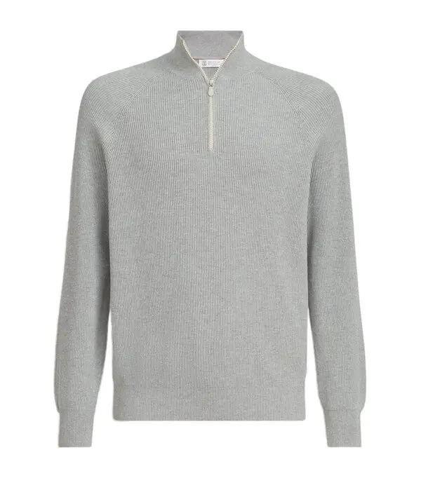 Brunello Cucinelli Cotton Rib-knit Quarter-zip Sweater - Grey