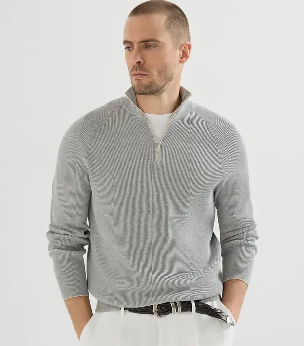 Brunello Cucinelli Cotton Rib-knit Quarter-zip Sweater - Grey