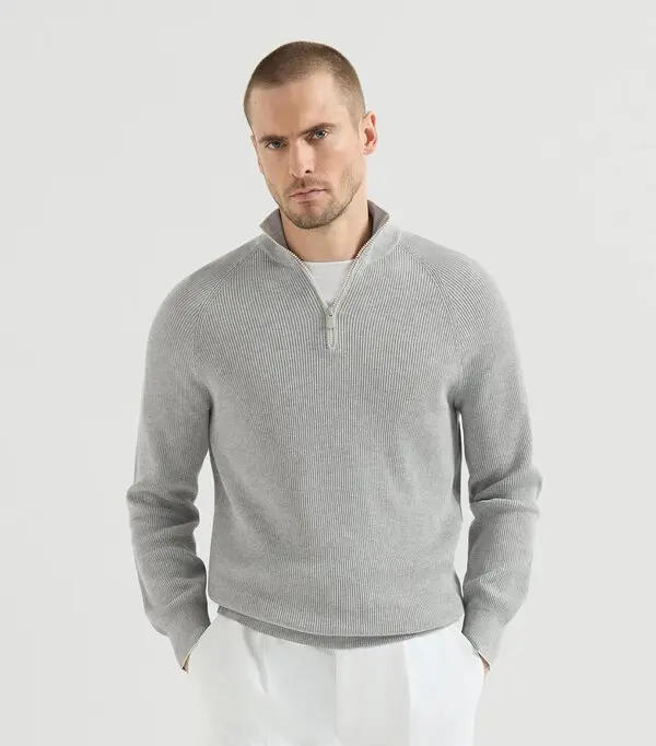 Brunello Cucinelli Cotton Rib-knit Quarter-zip Sweater - Grey