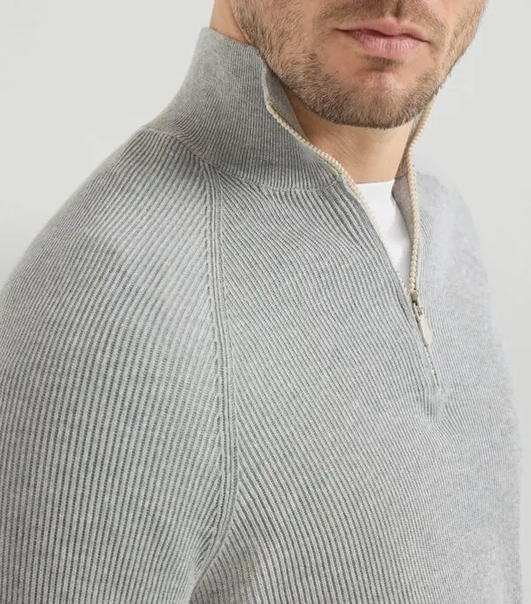 Brunello Cucinelli Cotton Rib-knit Quarter-zip Sweater - Grey