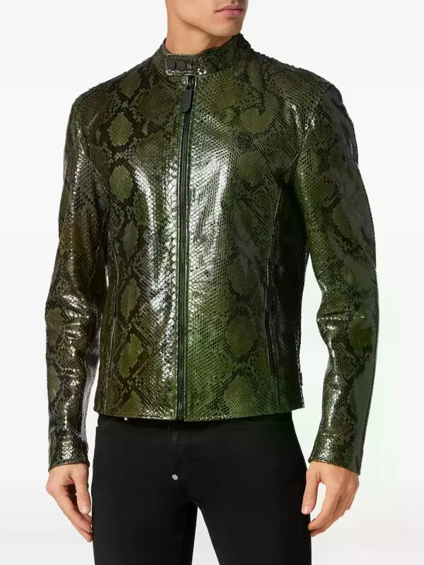 Philipp Plein Python Leather Biker Jacket - Green