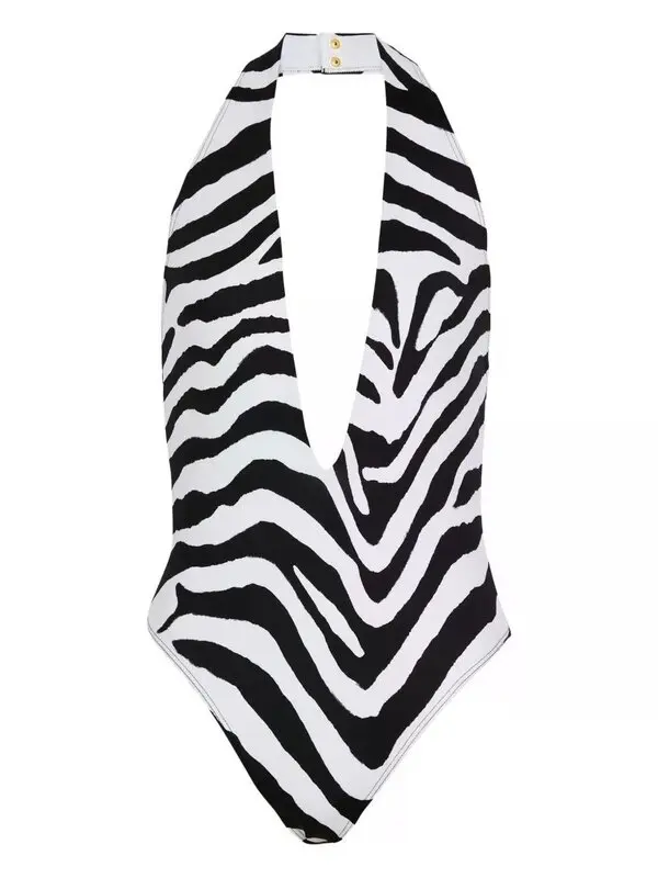 Balmain Zebra-print Halterneck Swimsuit - White
