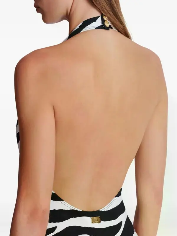 Balmain Zebra-print Halterneck Swimsuit - White