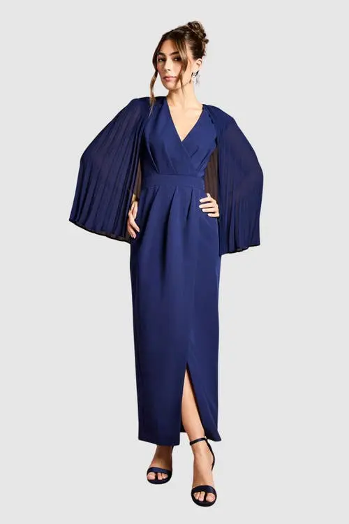 Coast Pleated Cape Detail Crepe Pencil Dress - Navy