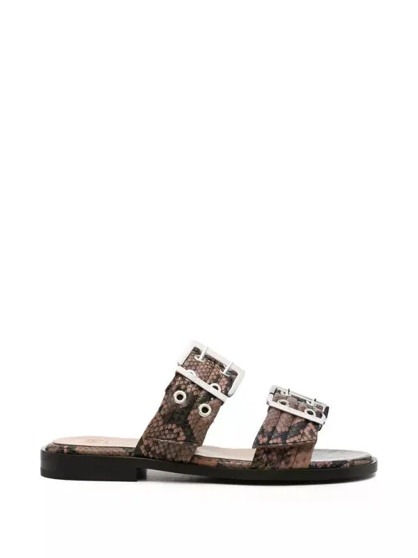 GANNI Buckle-fastening Snakeskin-effect Sandals - Brown