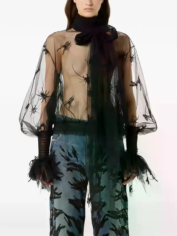 Blumarine Insect-embroidered Tulle Blouse - Black