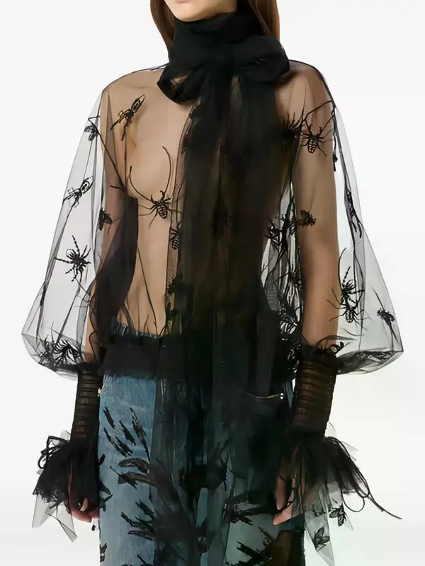 Blumarine Insect-embroidered Tulle Blouse - Black