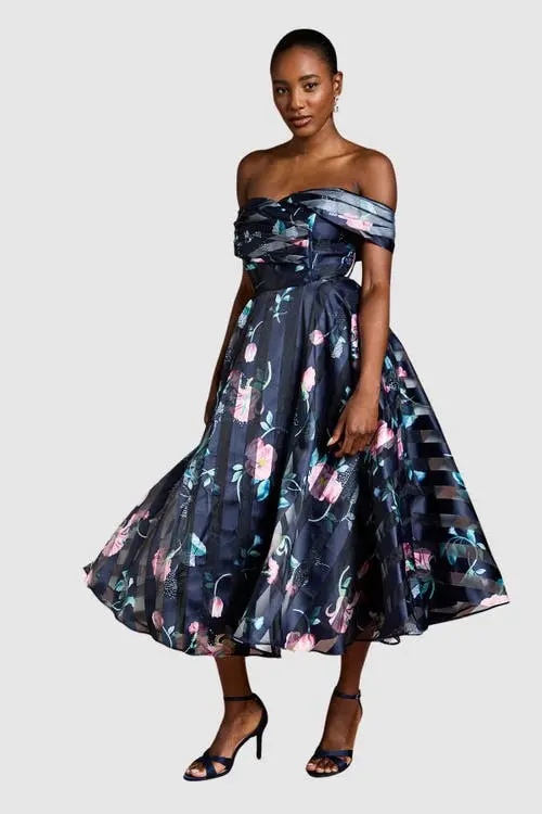 Coast Stripe Organza Pleated Bardot Midi Dress - Navy