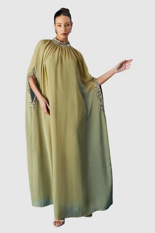 Coast Muse Chiffon Cape Dress With Embellished High Neckline - Chartreuse