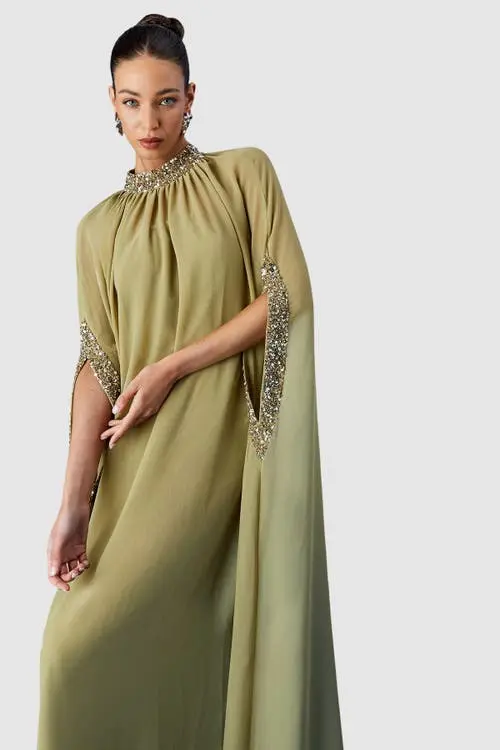Coast Muse Chiffon Cape Dress With Embellished High Neckline - Chartreuse